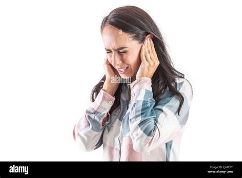 Young Woman Have Tinnitusnoise Whistling In Her Ears Isolted On White