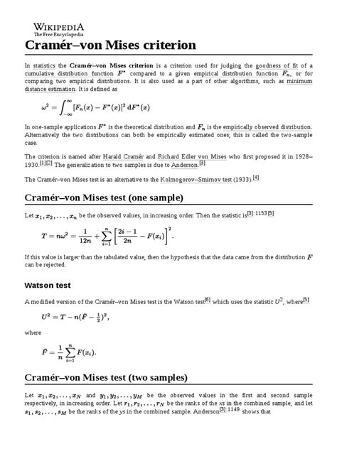 Cramér Von Mises Criterion Pdf Statistics Statistical Theory