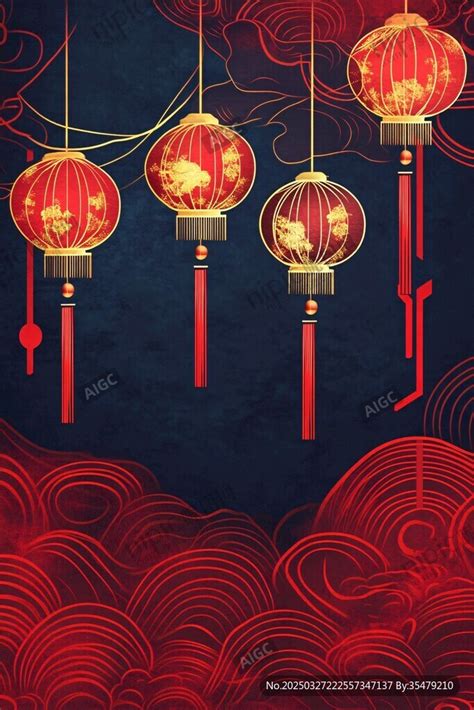 Ai创作图红灯笼 中式 喜庆 装饰 背景 祥云 线条 传统 节日 图案 流苏 金色 红色 古风 纹理 昵图网