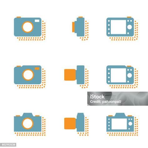 점 그림자와 함께 카메라 아이콘 Mirrorless 및 소형 그림 실루엣 설정 플랫 디자인 블루와 오렌지 색상 흰색 배경 벡터 Eps10에 고립 겉창에 대한 스톡 벡터 아트