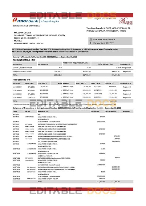 India Icici Bank Statement Template In Excel And Pdf Format 2 Pages Editable Documents