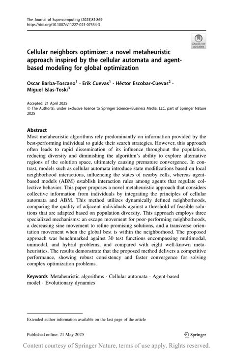 cellular neighbors optimizer a novel metaheuristic approach inspired by the cellular automata