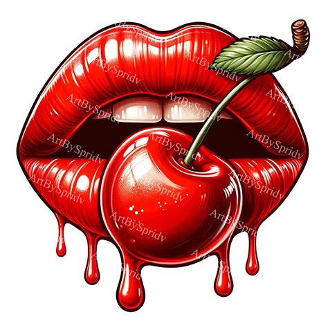 Red Cherry Kiss Clipart Glossy Lip Art Png Printable Sublimation Design For T Shirts Mugs And