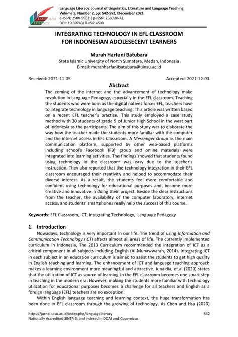 Pdf Integrating Technology In Efl Classroom For Indonesian Adolesecent Learners