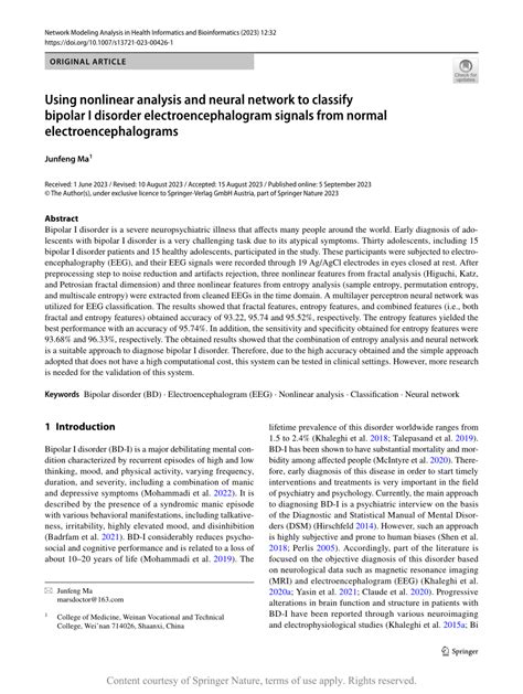 Using Nonlinear Analysis And Neural Network To Classify Bipolar I Disorder Electroencephalogram