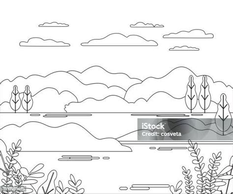 풍경 만화 벡터 그림입니다 자연 산 언덕 나무 하늘 구름 태양이 있는 그래픽 디자인 파노라마 시골 스타일의 추상적인 배경 가는 선 개념은 소셜 미디어 이야기 포스트를 위한