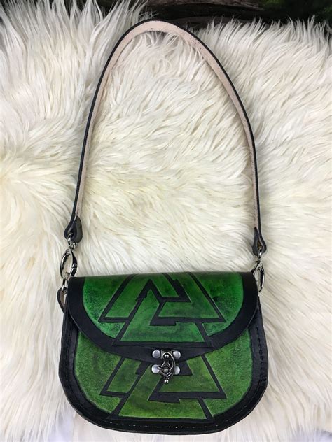 Leather Viking Purse Green Valknut Leather Satchel Leather Viking Bag Viking Shoulder