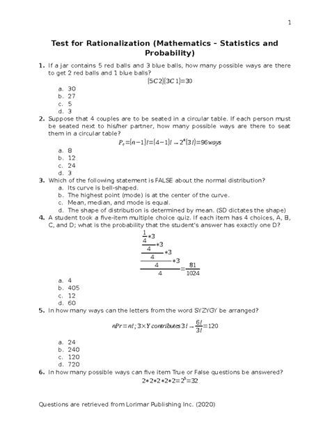 Rationalization For Stat And Probability Test For Rationalization