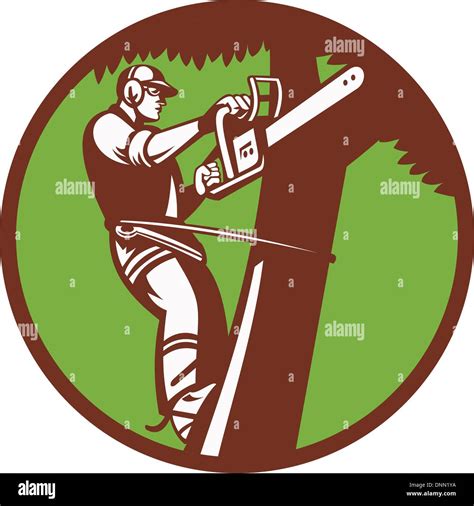 Illustration Of A Tree Surgeon Arborist Trimmer Pruner Cutting With Chainsaw Climbing Tree Set