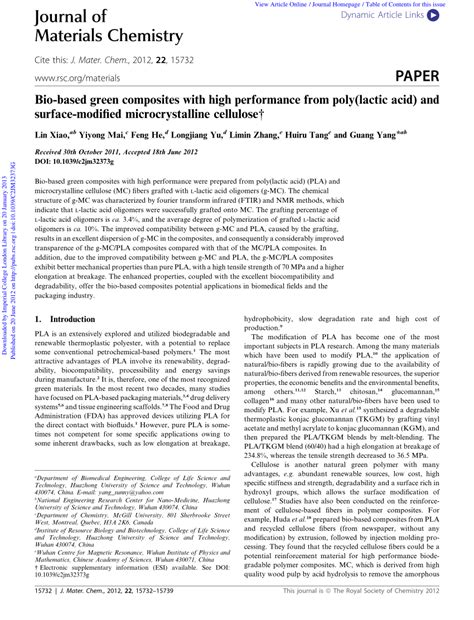 Pdf Bio Based Green Composites With High Performance From Polylactic Acid And Surface