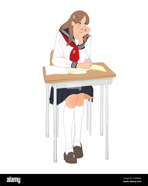A High School Girl Wearing A Uniform Sitting At A Classroom Desk With