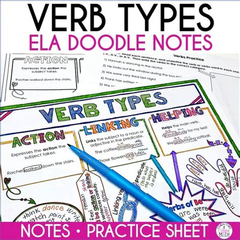 Verbs Worksheets Action Linking Helping Verbs Grammar Doodle Notes