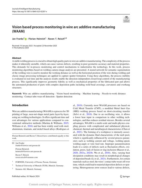 Pdf Vision Based Process Monitoring In Wire Arc Additive Manufacturing Waam