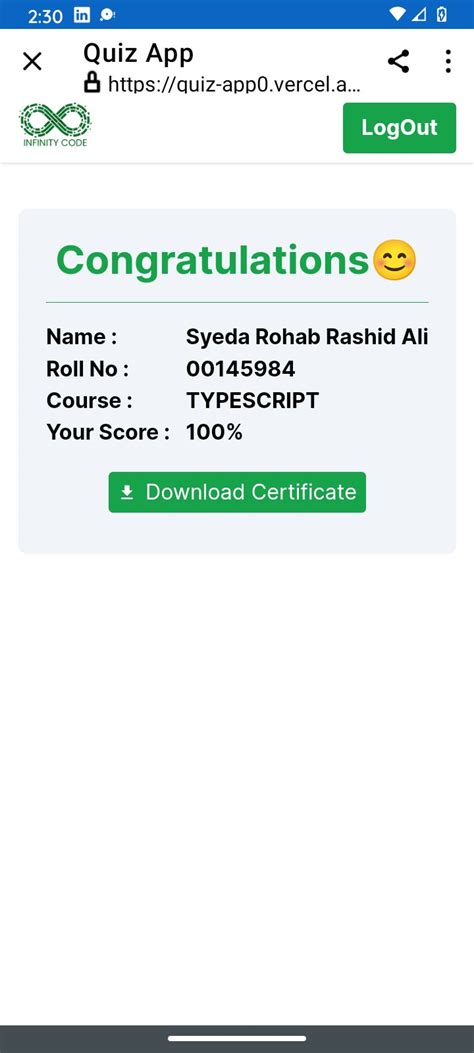 syeda rohab on linkedin giaic quiz app topic typescript score 100 out