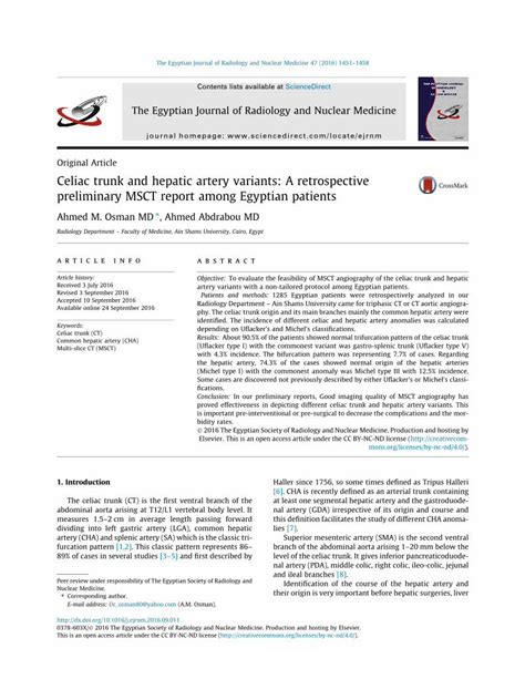 Pdf Celiac Trunk And Hepatic Artery Variants A Retrospective