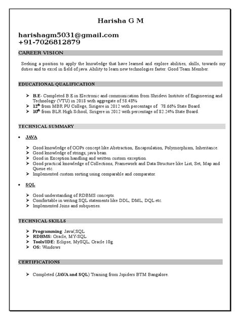 Software Development Java Resume Pdf Sql Oracle Database