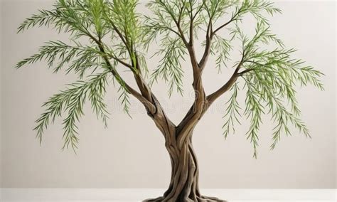 Potted Tree With Twisted Trunk And Lush Green Leaves Stands Against Plain White Background
