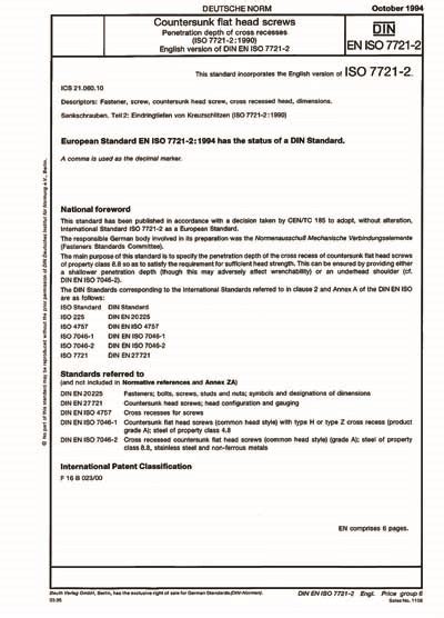 DIN EN ISO 7721 2 1994 Countersunk Flat Head Screws Part 2 Penetration Depth Of Cross