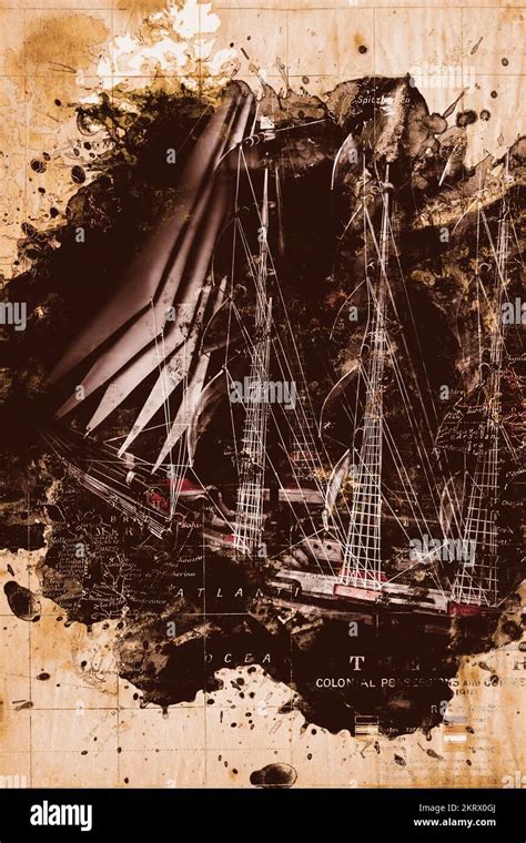 Aged And Weathered Nautical Navigation Concept With A Old World Ship Abstracted Against A