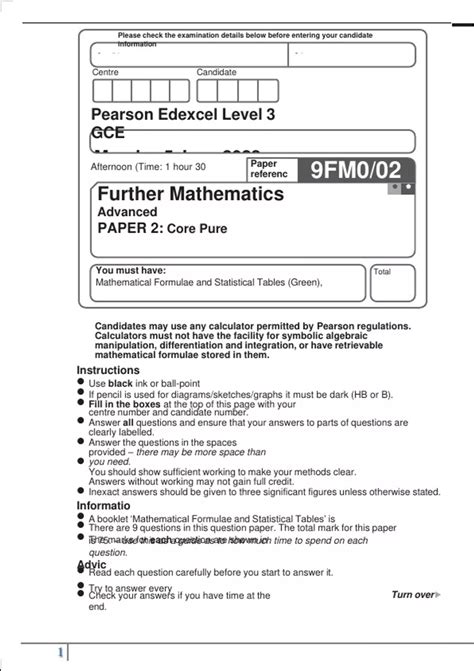 Pearson Edexcel Level GCE Further Mathematics Advanced PAPER Core Pure June Pearson