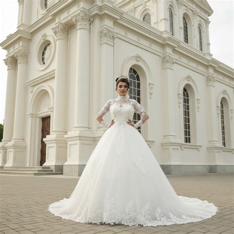 Gownlink White Cathedral Train High Neck Church Wedding Bridal Gown