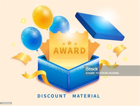 상금 황금 쿠폰을위한 파란색 선물 상자를 열고 풍선과 축하로 가득 찬 판매 템플릿 놀라움에 대한 스톡 벡터 아트 및 기타 이미지 놀라움 상자 선물 Istock