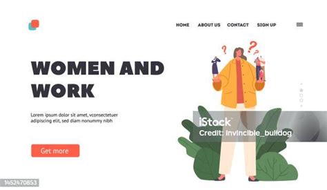 여성과 직장 방문 페이지 템플릿입니다 여성 캐릭터 결정 결정 가족 또는 부모 책임 중에서 선택 가정 생활에 대한 스톡 벡터 아트 및 기타 이미지 Istock