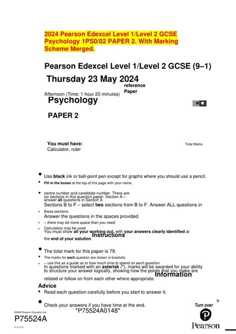 2024 Pearson Edexcel Level 1/Level 2 GCSE Psychology 1PS0/02 PAPER 2. With Marking Scheme Merged ...