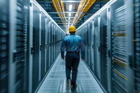 Server In Datacenter Hallway Of Cloud Computing Data Storage Stock