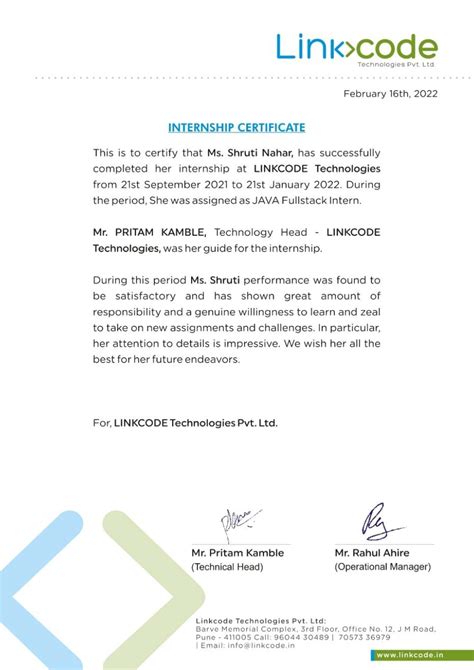 Shruti Nahar On Linkedin Successfully Completed My Internship At Linkcode Technology