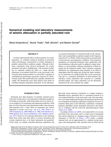 Pdf Numerical Modeling And Laboratory Measurements Of Seismic Attenuation In Partially