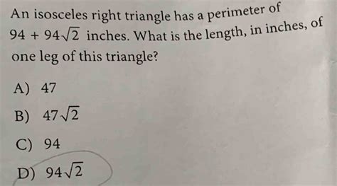 Solved An Isosceles Right Triangle Has A Perimeter Of 9494sqrt2