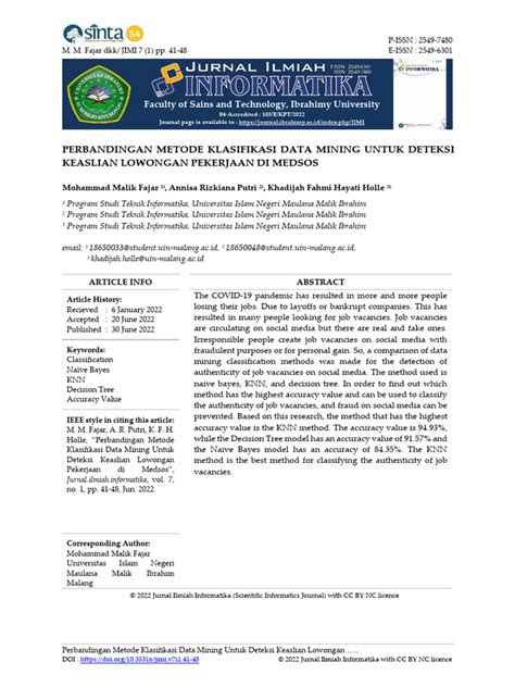 Perbandingan Metode Klasifikasi Data Mining Untuk Deteksi Keaslian Lowongan Pekerjaan Di Medsos