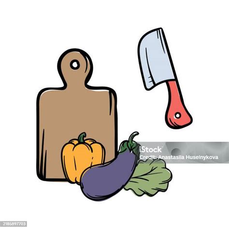 야채 도마 와 칼 와 칼 의 Png 부엌 용품 카페 레스토랑 요리의 손으로 그린 이미지 디자인과 장식을 위한 요소와 아이콘 세트 가정용 장비에 대한 스톡 벡터 아트 및 기타