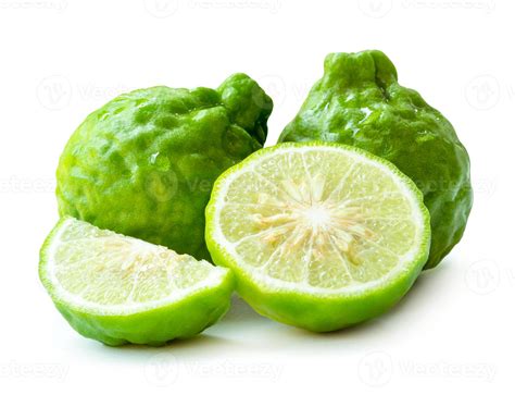 Front View Of Fresh Green Bergamot Fruit With Half And Slice Or Quarter