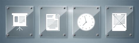 잘못된 답변 설문 조사 시계 파일 문서 및 종이 클립 및 프레젠테이션 재무 보드와 그래프 차트 다이어그램 인포그래픽 원형 그래프로 시험 용지를 설정합니다 정사각형 유리 패널