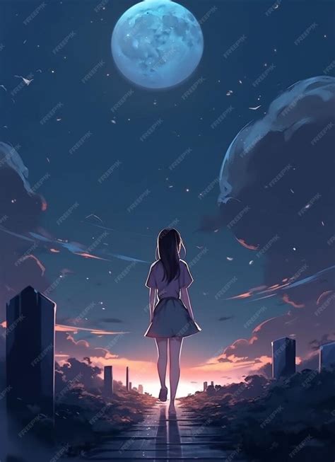 Premium Photo Anime Girl Looking At The Moon In The Sky Generative Ai