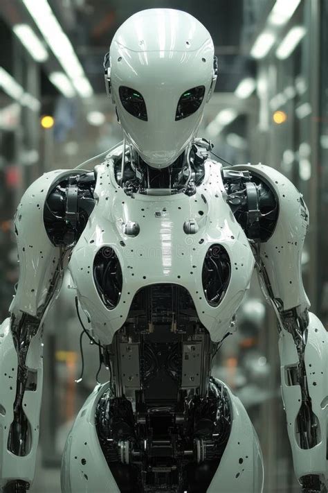 futuristic humanoid robot stands in a high tech museum displaying