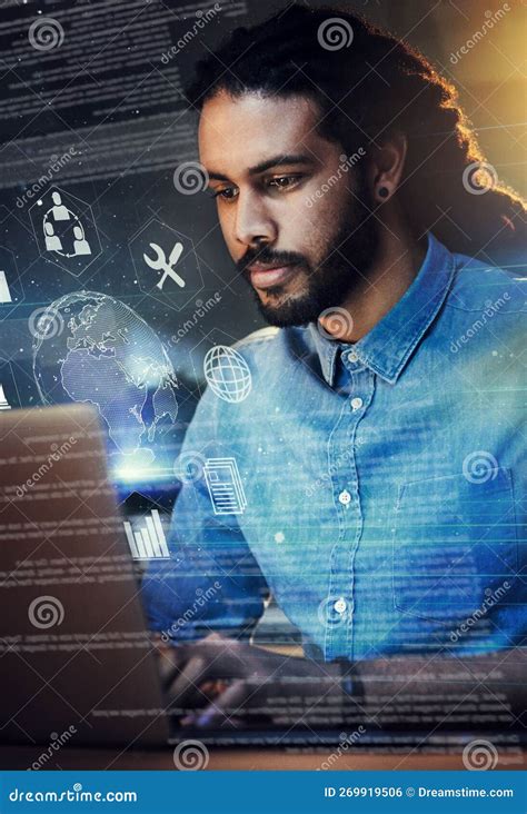 Black Man Coding And Global Network With Icons Laptop And App With Digital Transformation And
