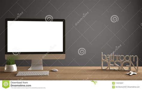 Desktop Mockup Template Computer On Wooden Work Desk With Blank Screen House Keys 3d Letters