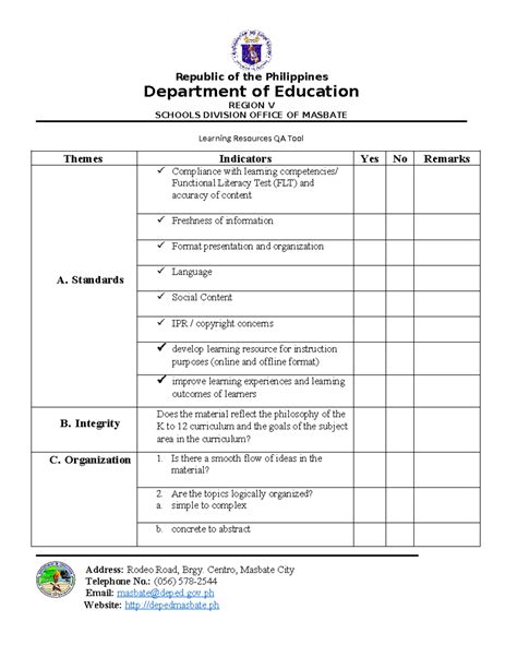 qa tool general resources department of education region v schools division office of masbate