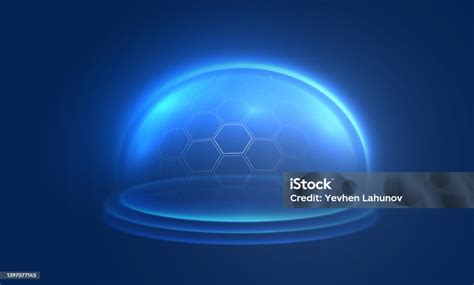 미래 지향적 인 조명 스타일의 보호 쉴드 효과 추상적 인 빛나는 스타일의 버블 쉴드 파란색 배경에 격리된 텍스트의 요소 또는