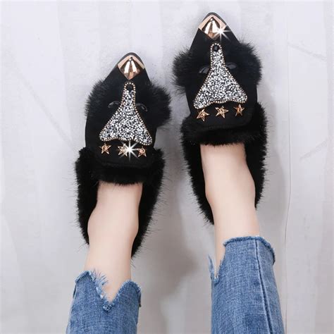 크리스탈 여우 패턴 겨울 평면 로퍼 여성 금속 뾰족한 발가락 반짝이 모피 모카신 브랜드 디자인 발레 아파트 신발 신발 Basso And Brooke