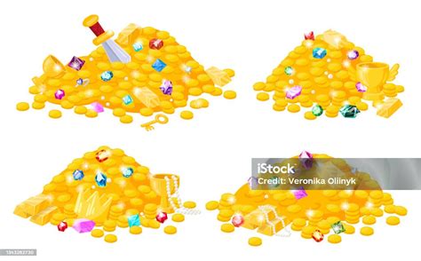 만화 해적 보물 금화 보석 왕관 칼 보석 해적 보물 금 더미 크라운 크리스탈 보석 벡터 일러스트 세트 동화 같은 보물 더미