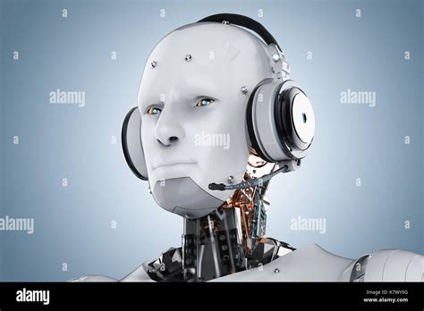 D Rendering Humanoid Robot With Headset On Blue Background Stock Photo Alamy
