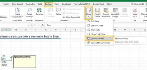 how to insert a picture into a note in excel
