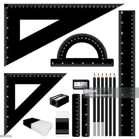 드로잉 블랙 컬러 세트입니다 눈금자와 연필 깎는 사람과 지우개 0명에 대한 스톡 벡터 아트 및 기타 이미지 0명 교육