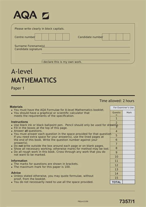 AQA JUNE A Level MATHEMATICS Paper And Questions With Mark Scheme Version