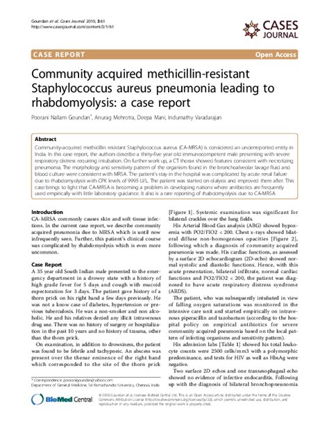 Pdf Community Acquired Methicillin Resistant Staphylococcus Aureus Pneumonia Leading To