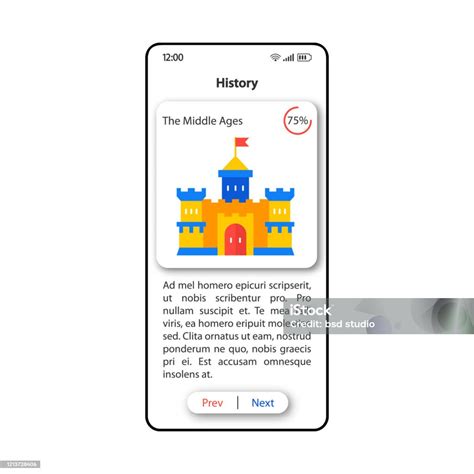 학생 스마트 폰 인터페이스 벡터 템플릿에 대한 역사 모바일 앱 페이지 흰색 디자인 레이아웃입니다 중세 챕터 화면 응용 프로그램에